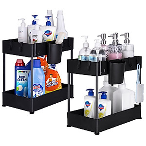 Spurtar 2 Pack Under Sink Organizers and Storage, 2 Tier Bathroom Under Cabinet Storage Multi-purpose Under Sink Storage Rack Bath Collection Baskets for Kitchen with 2 Cups and 12 Hooks, Black
