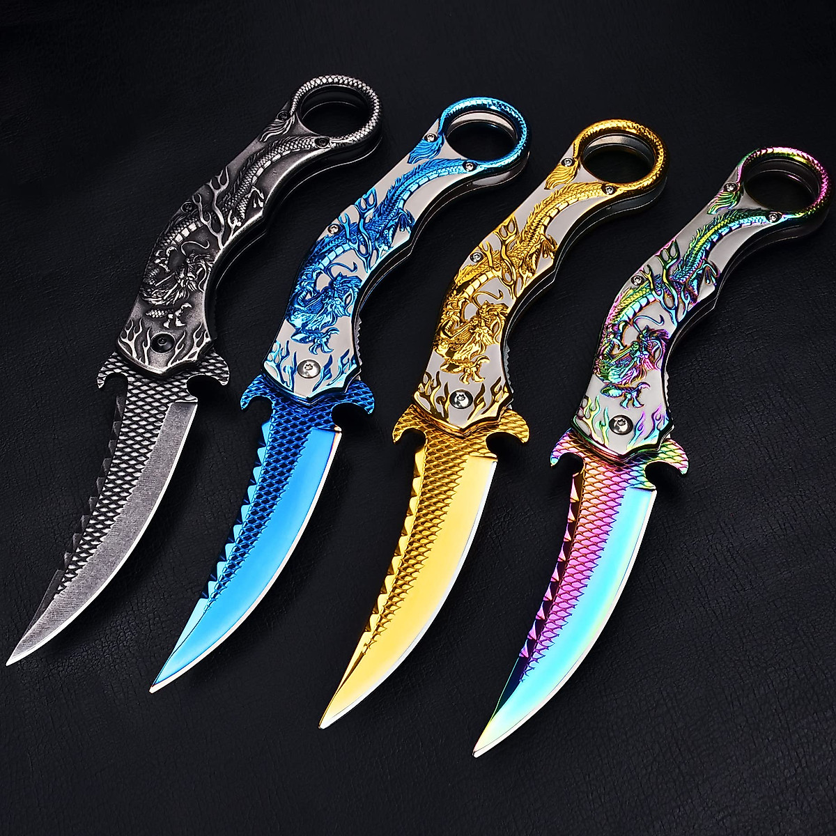Vividstill Pocket Knife for Men, Cool Folding Knife With Embossed 3D Dragon Relief, Great Gift Edc Knife For Men Outdoor Survival Camping Hiking (Rainbow)