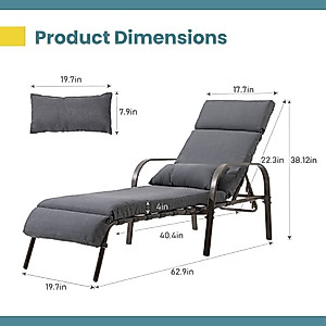 Pellebant Patio Chaise Lounge Chair with Cushion, Adjustable Chair with 5 Positions, Folding Outdoor Recliners All Weather for Outside Beach, Pool and Yard, Dark Grey