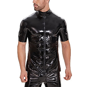 Men Sexy Leather Shirt, Glossy, Plus Size, Full Zipper, Short Sleeve, Shiny Latex Coat For Male, Red