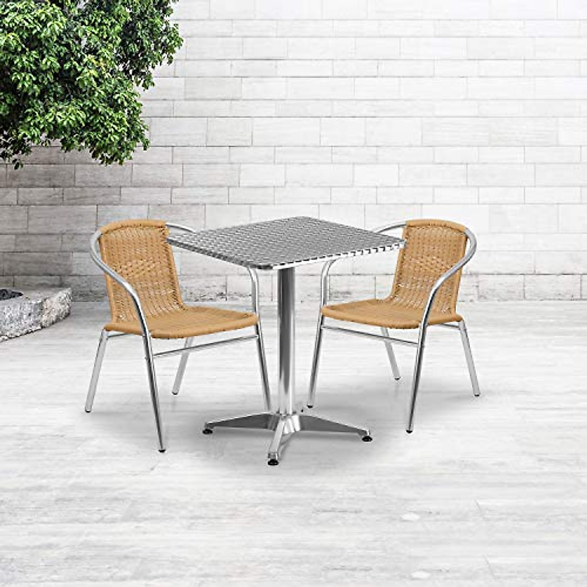 Flash Furniture Lila 23.5'' Square Aluminum Indoor-Outdoor Table Set with 2 Beige Rattan Chairs