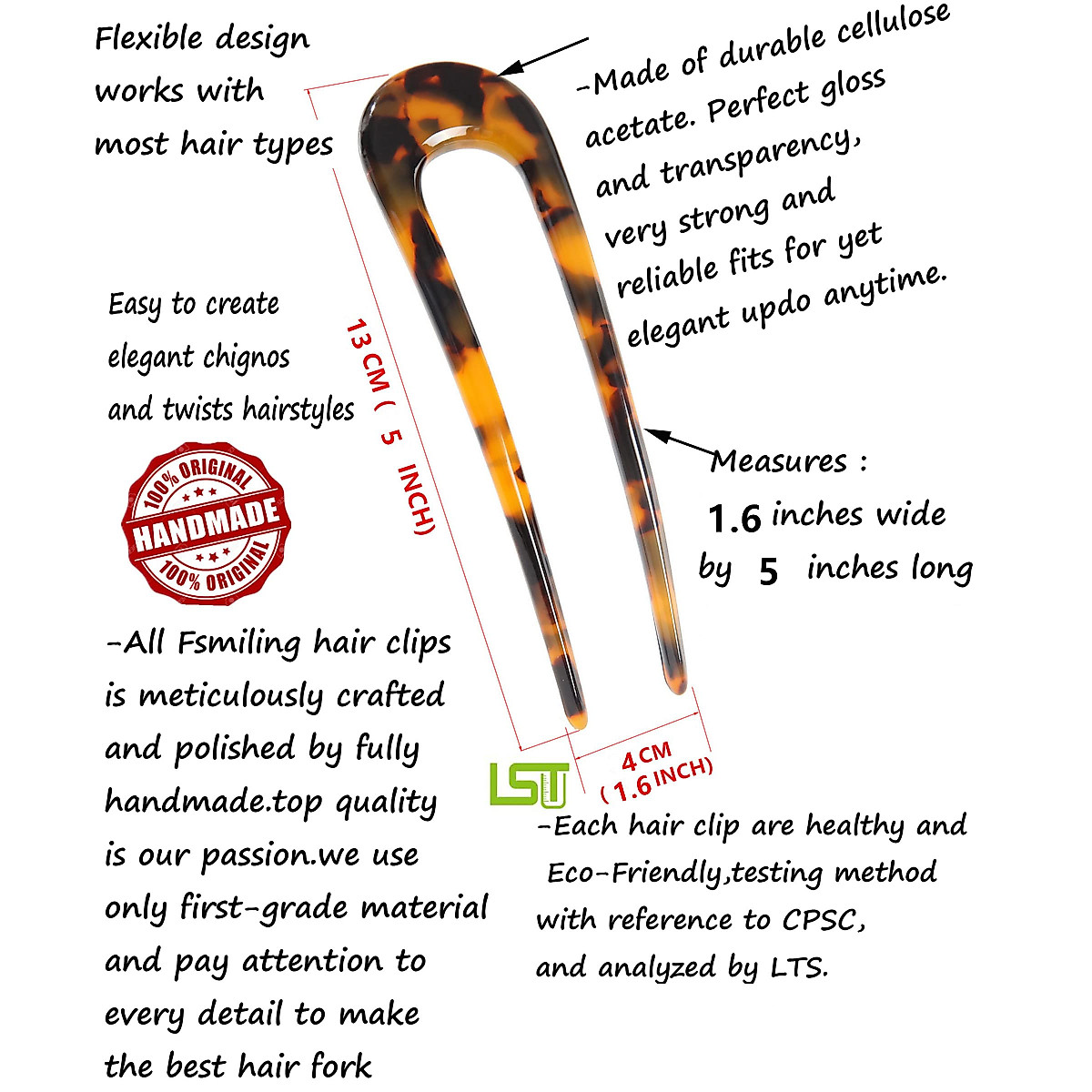 French Hair Pins Tortoise Shell French Hair Forks U Shaped French Pins 2 Prong Hair Sticks Acetate Chignon Pin for Women Hairstyle Accessories 2 Pack