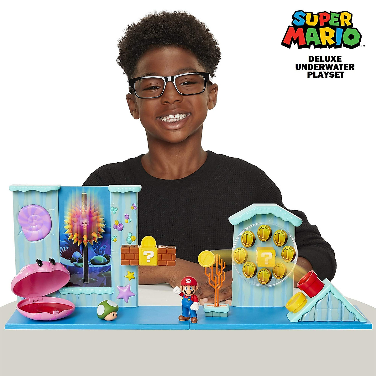 Nintendo Super Mario Deluxe Underwater Playset with 5 Interactive Environmentpiece – Includes 2.5” Mario Figure, 1-Up Mushroom Accessory & Warp Pipe Coin Launcher