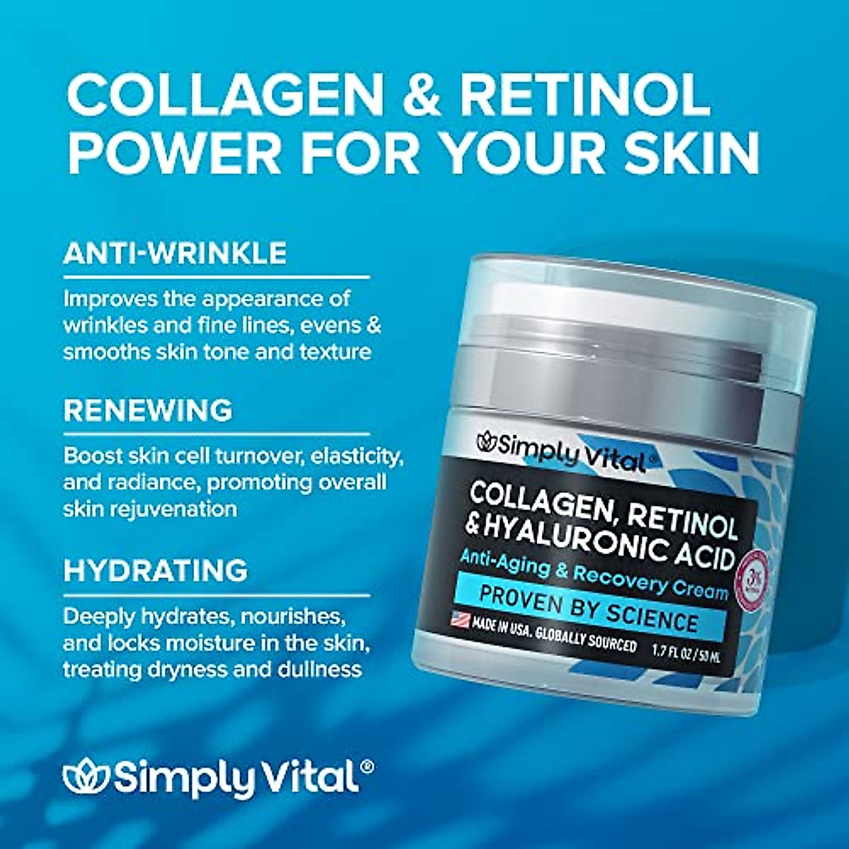 Face Moisturizer Collagen Cream - Anti Aging Neck and Décolleté - Made in USA Natural Anti Wrinkle Moisturizer for Women - Day & Night Face Cream - Moisturizing, Lifting & Recovery - 1.7oz