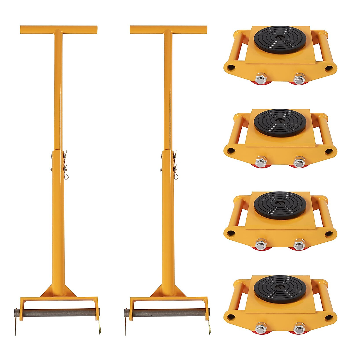 4pcs Machinery Mover with 2pcs Handle, 6T Machinery Skate Dolly, 13200lbs Machinery Moving Skate w/ 360° Rotation Cap and 4 Rollers, Heavy Duty Industrial Moving Equipment, Yellow