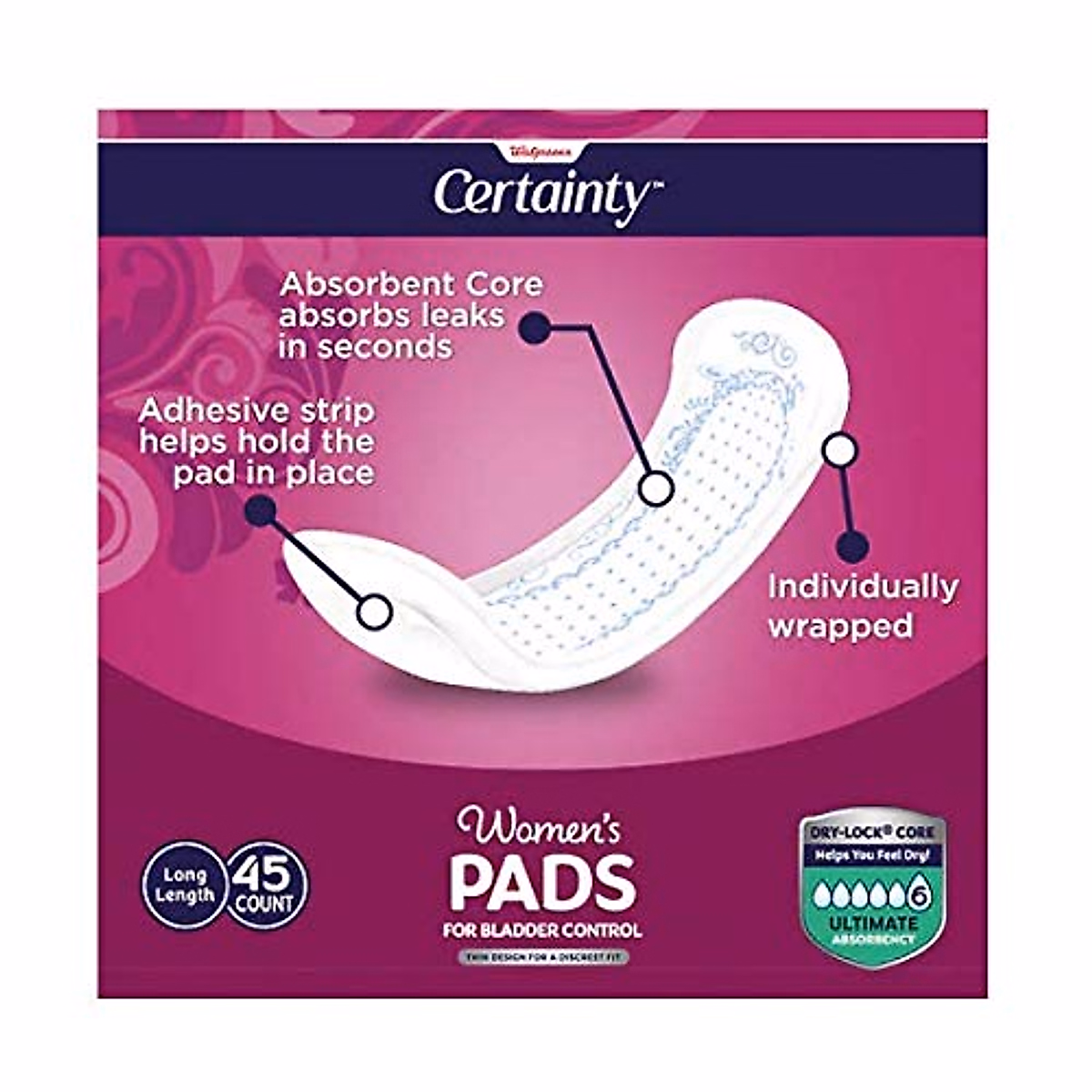 Walgreens Certainty Women's Bladder Control Pads Long Length Made for Your Naturally Soft Skin Thin Design for a Discreet fit 45 Pads