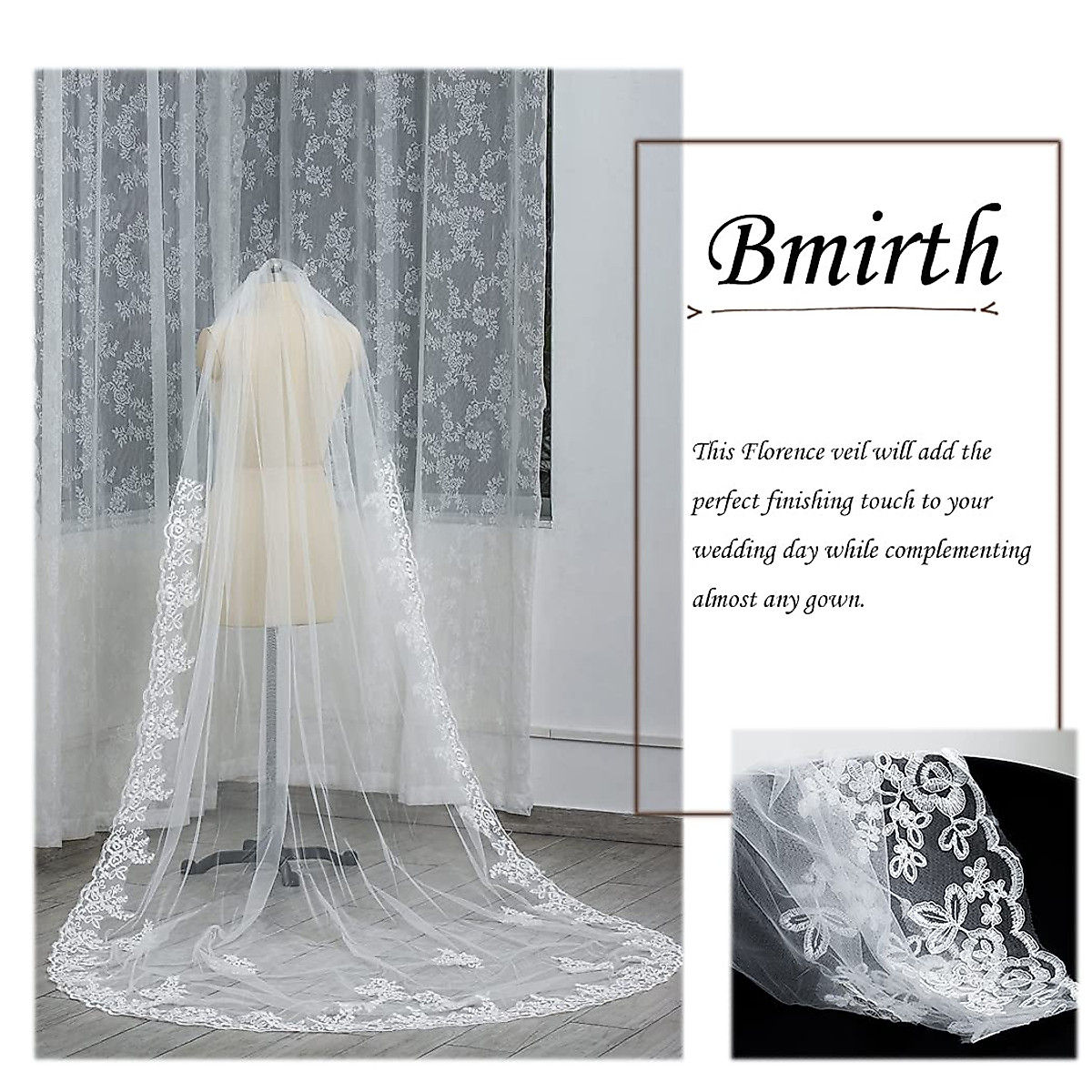 Bmirth 1 Layer Bridal Wedding Veil Cathedral Long Length Lace Bride Tulle Hair Accessories With Comb for women Floral 118" Veil Headpeice (White)