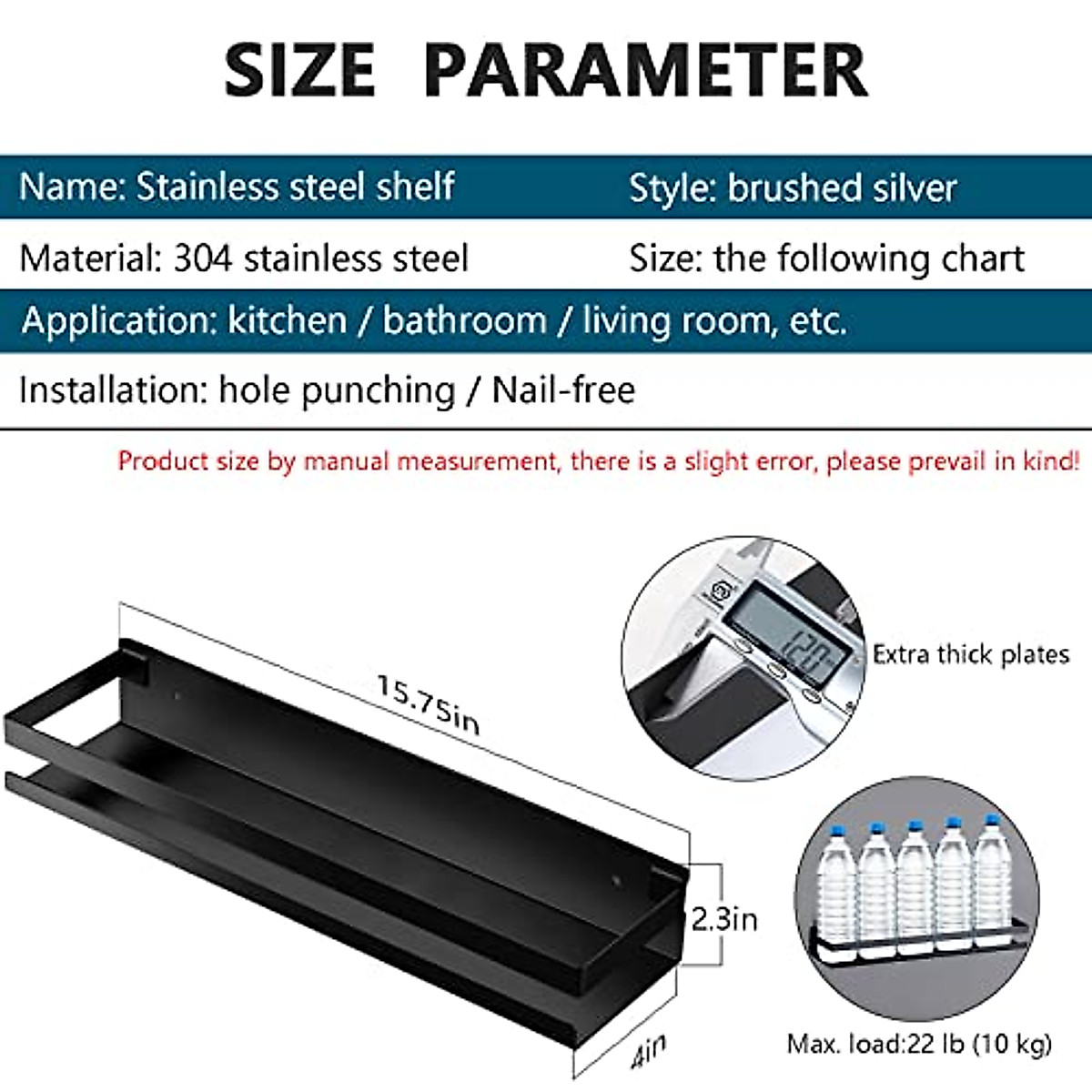 GEINIFAFA Rustproof Metal Storage Floating Shelves Wall Mounted Rectangular Shelf for Bedroom,Bathroom, Living Room, Kitchen, and Laundry Room,Nail-Free Wall-Mounted Shelves（15.75 Inch Black）