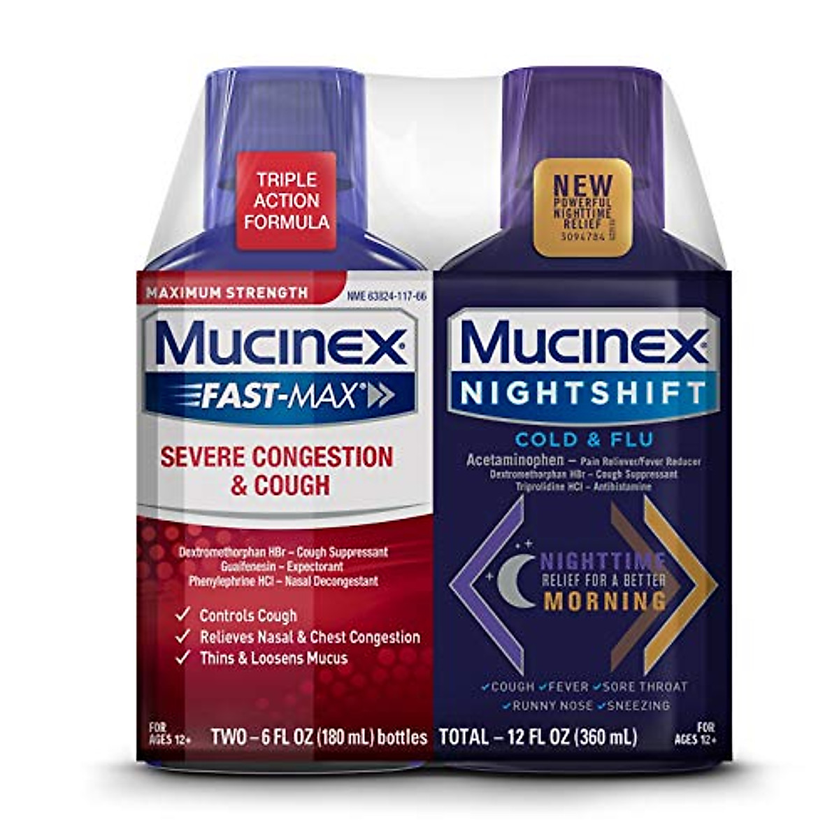 Mucinex Maximum Strength Fast-Max Congestion & Cough Nightshift Cold & Flu Liquid with Cold & Cough, Children's Multi-Symptom Day/Night Liquid, Very Berry, 8oz (2x4oz)