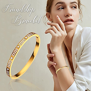 Love Friendship Bracelets Bangle Gold Silver with Cubic Zirconia Stainless Steel Jewelry Oval Bracelet Birthday for Her Women Teen Girls with Gifts Box (Gold, Stainless Steel)