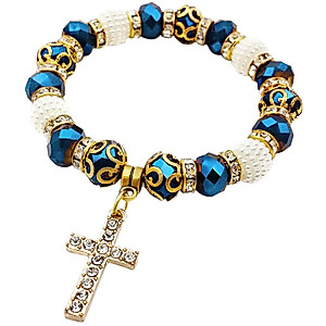 Nazareth Store Catholic Crystallized Cross Deep Blue Crystal Beads Wrist Rosary Bracelet Adjustable Elastic Bangle