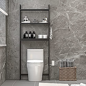 Bonzy Home Over The Toilet Storage, Bamboo 3 Tier Bathroom Organizer Space Saver Bathroom Shelf Freestanding Toilet Stands with Hooks