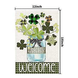 St Patricks Day Garden Flag 12x18 Inch Double Sided Burlap, Welcome Lucky Shamrocks Sign Seasonal Yard Outdoor Decorations DF186