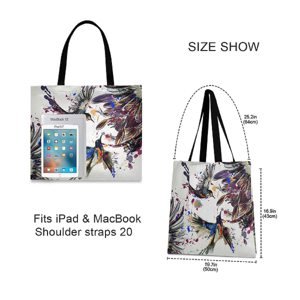 Canvas Tote Bag Watercolor Bird Hummingbird Feather Large Shopper Bag with Zipper Pocket Reusable Casual Shoulder Bag for Women Men