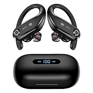 Wireless Earbuds Bluetooth Headphones 130H Playback 4-Mic HD Call IP7 Waterproof Ear Buds in Ear Sport LED Display Earphones with Earhooks for Running Workout Gym Phone Laptop TV Computer (Black)
