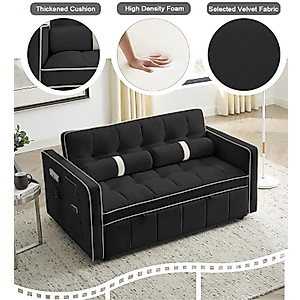 55.5" Convertible Sleeper Sofa Bed, 3 in 1 Velvet Loveseat Sofa Couch with Adjustable Backrest, Modern Pull Out Couch with Round Pillows and Pockets for Living Room (Black)