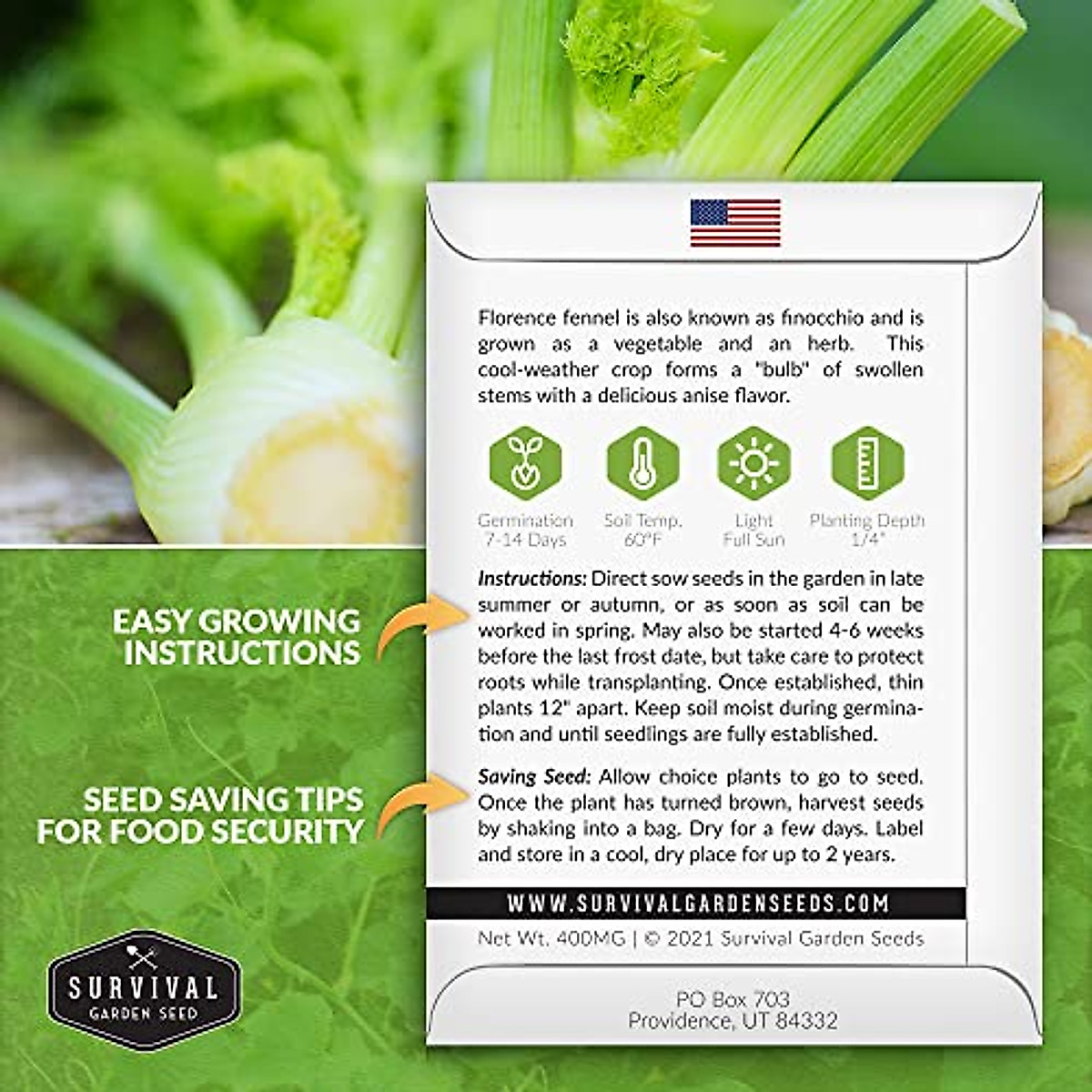 Survival Garden Seeds - Fennel Seed for Planting - Packet with Instructions to Plant and Grow Cool-Weather Florence Fennel (Finnochio) in Your Home Vegetable Garden - Non-GMO Heirloom Variety