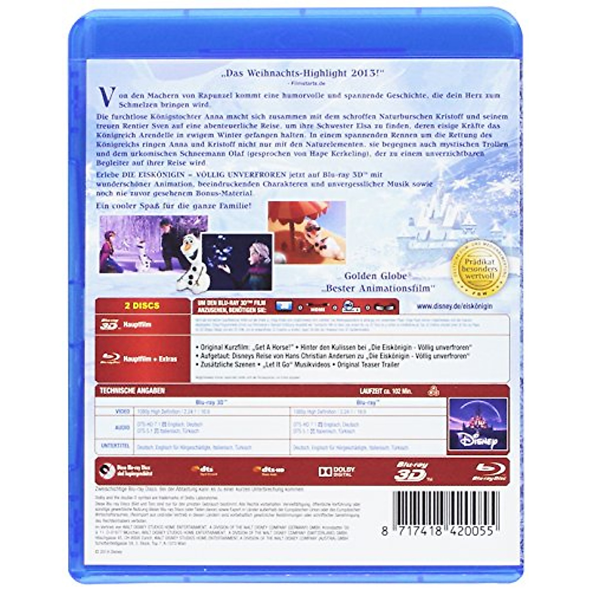 Frozen 3D "Die Esikonigin Vollig Unverfrorer" [2-Disc: Blu-ray 3D + Blu-ray 2D] [Region Free German Import]