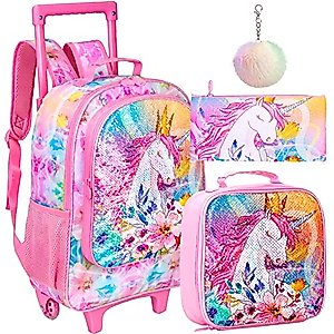 4PCS Rolling Backpack for Girls,Kids Unicorn Bookbag with Roller Wheels, Suitcase School Bag Set for Toddler Elementary