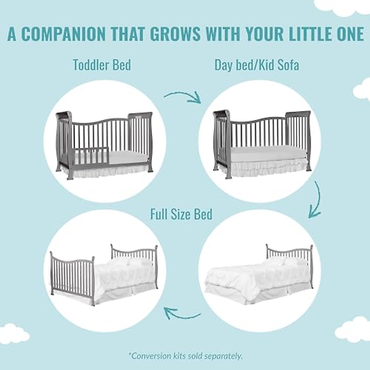 Dream On Me Violet 7-in-1 Convertible Life Style Crib in Steel Grey, Greenguard Gold Certified, 4 Mattress Height Settings, Made of Sustainable New Zealand Pinewood