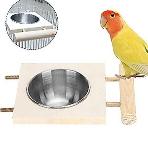 Bird Perch Stand, Stainless Steel Parrot Feeding Bowl Wooden Bird Perch Stand Food Water Feeder with Stand for Small Cockatiels Conures Parakeets Finch Single Bowl