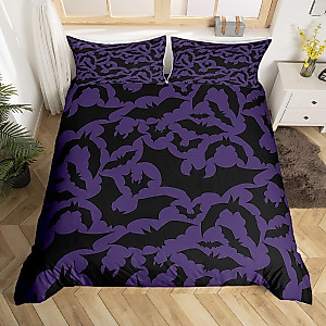Halloween Themed Bedding Set Queen Size,Black Bats Animal Print Duvet Cover Set for Children Bedroom Present, Dark Purple Color Microfiber Comforter Cover with 2 Pillowcases (NO Comforter)