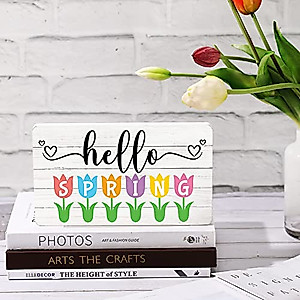 Hello Spring Wood Sign Farmhouse Tulips Spring Decor 9 x 5.3 Inch Spring Table Centerpiece Freestanding Wall Table Decor Wooden Cutout Tulips Spring Decoration for Home Dining Room (Spring)