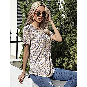 Widmile Womens Tunic Tops Crew Neck Short Sleeve Shirts Fashion Casual Pleated Pullover Blouses to Wear with Leggings Floral Pink,L