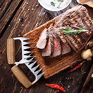 1Easylife Metal Meat Shredder Claws, 18/8 Stainless Steel Meat Forks with Wooden Handle for Shredding, Pulling, Handing, Lifting & Serving Pork, Turkey, Chicken, Brisket