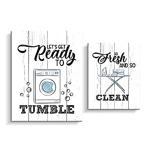 Kas Home 2 Panels Laundry Room Decor Laundry Room Wall Sign Tumble Fresh Clean Canvas Laundry Wall Art Plaque Farmhouse Laundry Rules Wall Decor (White - laundry, 12 x 15 inch + 8.6 x 11 inch)