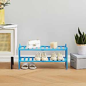 quiqear Bamboo Shoe Rack, 2 Tier Shoe Rack Organizer, Stackable & Durable Shoe Shelf Holder, Free Standing Shoe Racks, Shoe Storage Organizer for Entryway, Closet, Hallway (Blue)