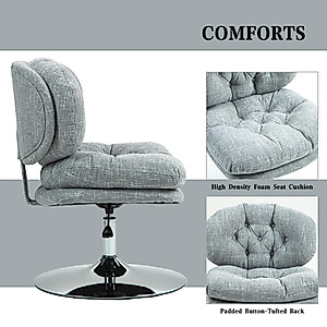 J.C.UP Criss Cross Chair, Armless Home Office Chair,Upholstered Button Tufted Accent Chair Vanity Chair with Double-Layer Cushions 360 Swivel Desk Chair (Round Base, Gray)