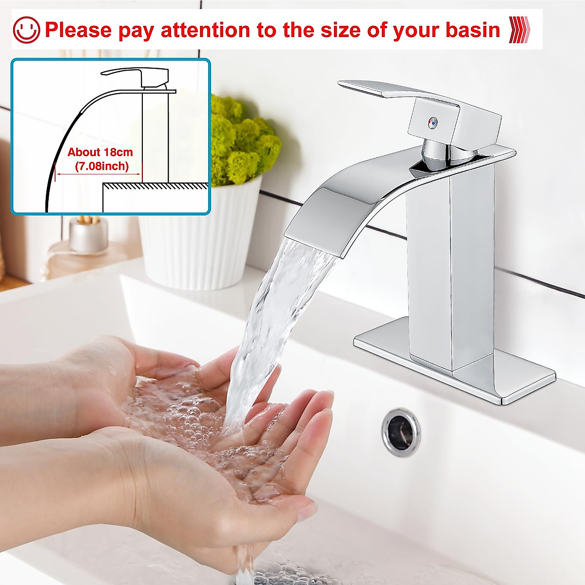 Midanya Bathroom Sink Faucet Waterfall Spout Single Handle 1 Hole Deck Mount Mixer Tap Lavatory Vanity Vessel Faucet Commercial with Pop Up Drain,Short, Polish Chrome