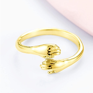 2 Pcs Love Hug Open Adjustable Ring Set Friendship Couple Lover Statement Creative Romantic Wedding Engagement Hugging Hands Jewelry for Women Men-gold