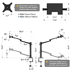 Viozon Laptop/Notebook/Projector Mount Stand, Height Adjustable Single Arm Mount Support 12-17 inch Laptop/Notebook/Tablet, Free Removable VESA 75X75 and 100X100 for Monitor 17-32 inch.