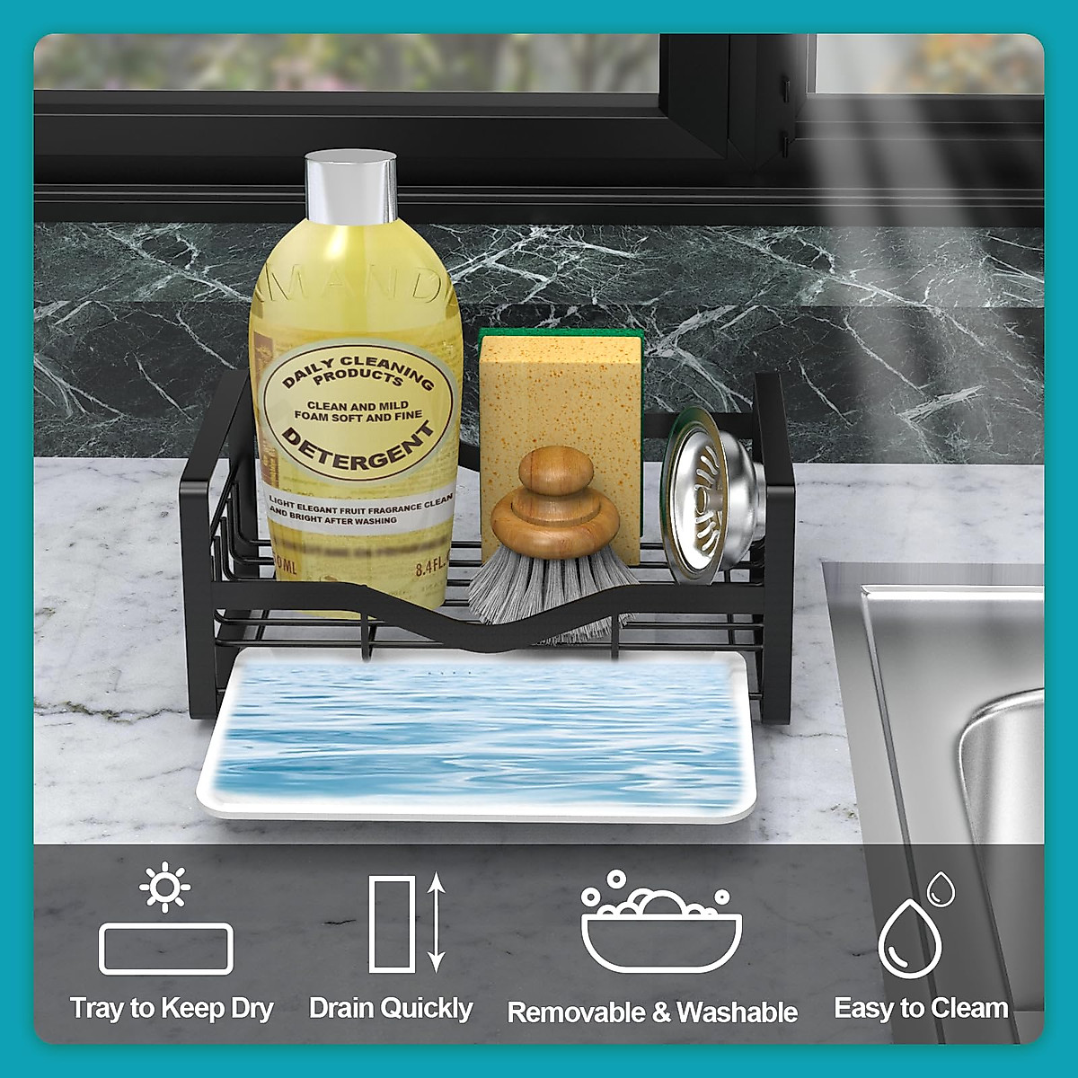 VANTEN Kitchen Sink Caddy Sponge Holder Black Large Sponge Holder for Kitchen Countertop Organizer, Soap Dish Scrubber Holder Tray Storage Kitchen Accessories - Not Include Sponge, Dispenser, Brush