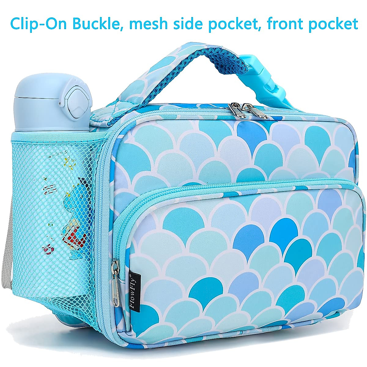 FlowFly Kids Lunch box with buckle Insulated Cooler Back to School Thermal Meal Tote Kit for Girls, Boys (Mermaid)