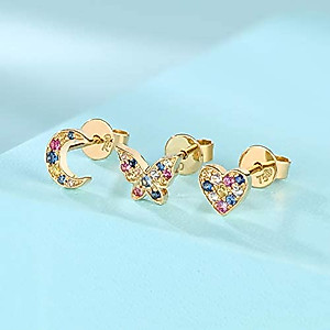 FANCIME Butterfly Studs 14K Solid Yellow Gold Multicolored 0.132ct Sapphire 0.012ct Diamond Small Tiny Cute Stud Earrings for Women Valentines Day Gifts