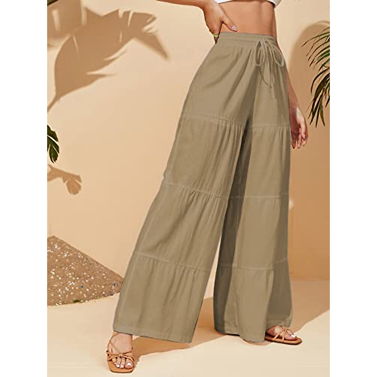 LilyCoco Flowy Pants for Women Palazzo Wide Leg Ruffle Trousers High Waisted Tiered Bell Bottom Camel Small