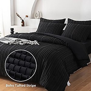WARMDERN Black Comforter Set Queen Size Soft Bedding Sets Boho Striped Pattern Comforter Set Lightweight Comforter for All Season Down Alternative Comforter Bed in A Bag 7 Piece(Queen, Black)