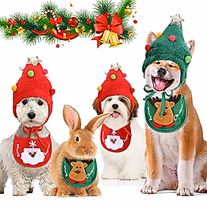 Lauwell 4 Pcs Christmas Dog Pet Costume Include 2 Christmas Tree Hat Small Dog Headgear and 2 Adjustable Collars Bib Santa Elf Cat Bib for Xmas Dog Cat Outfit Clothing Party Accessory