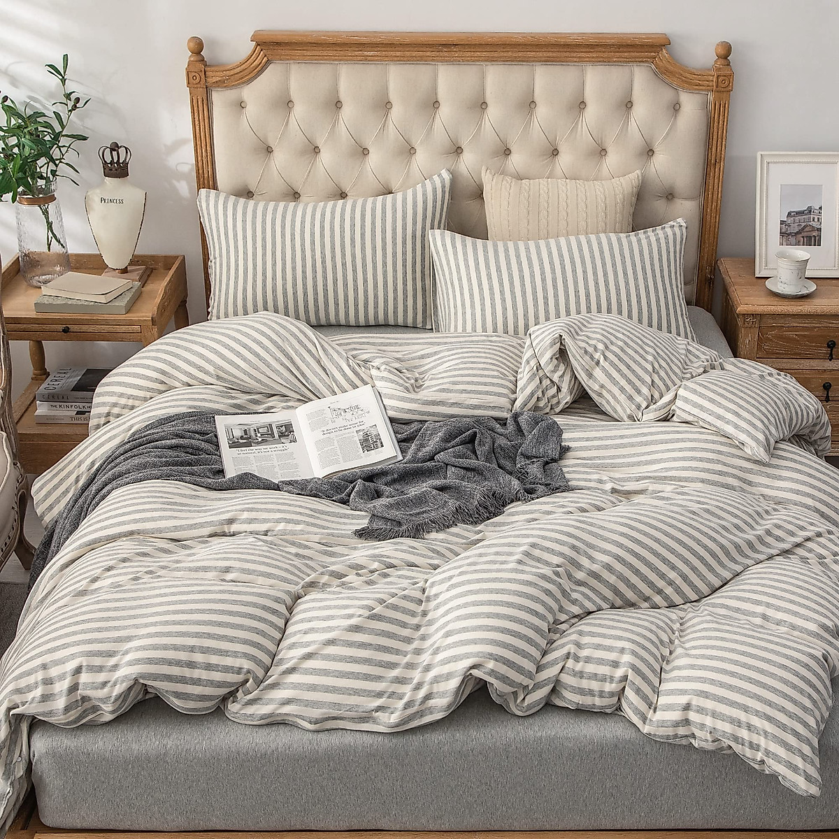 PURE ERA Jersey Knit Duvet Cover Set 100% T-Shirt Heather Cotton Super Soft Comfy Classic Striped Design, with Zipper Closure, Grey & White Stripe, Queen