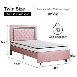Twin Bed Frame, Upholstered Platform Bed with Diamond Button Tufted Headboard, Girls Twin Bed Fame, Princess Bed Frame with Crystal Tufted Headboard, Wooden Slats Support, Easy Assembly, Pink
