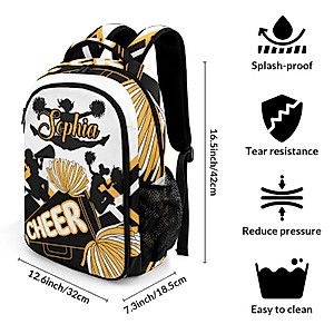 Anneunique Custom Cheerleaders Backpack Custom Name Large Capacity Shoulder Bags for Sports Party Cheer Pom Gold Yellow Black White