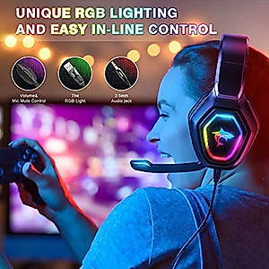Wlevzzor Gaming Headset with Microphone PS5 Headset with Noise Canceling Mic RGB LED Light, Stereo Surround Sound Over Ear Gaming Headphone for PS5 PS4, Switch,Xbox One,Laptops,PC,Phones