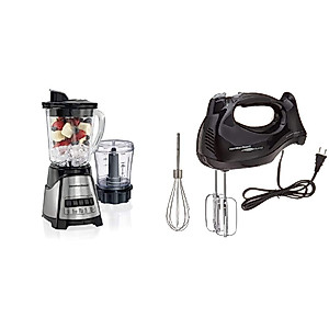 Hamilton Beach Power Elite Blender with 40oz Glass Jar 3-Cup Vegetable Chopper, Black and Stainless Steel (58149) & Beach 6-Speed Electric Hand Mixer with Snap-On Case, Beaters, Whisk, Black (62692)