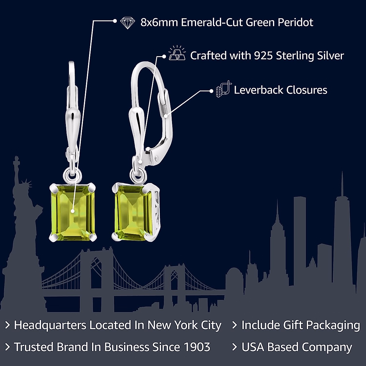 Gem Stone King 925 Sterling Silver 8X6MM Emerald Cut Gemstone Birthstone Leverback Drop Dangle Earrings For Women