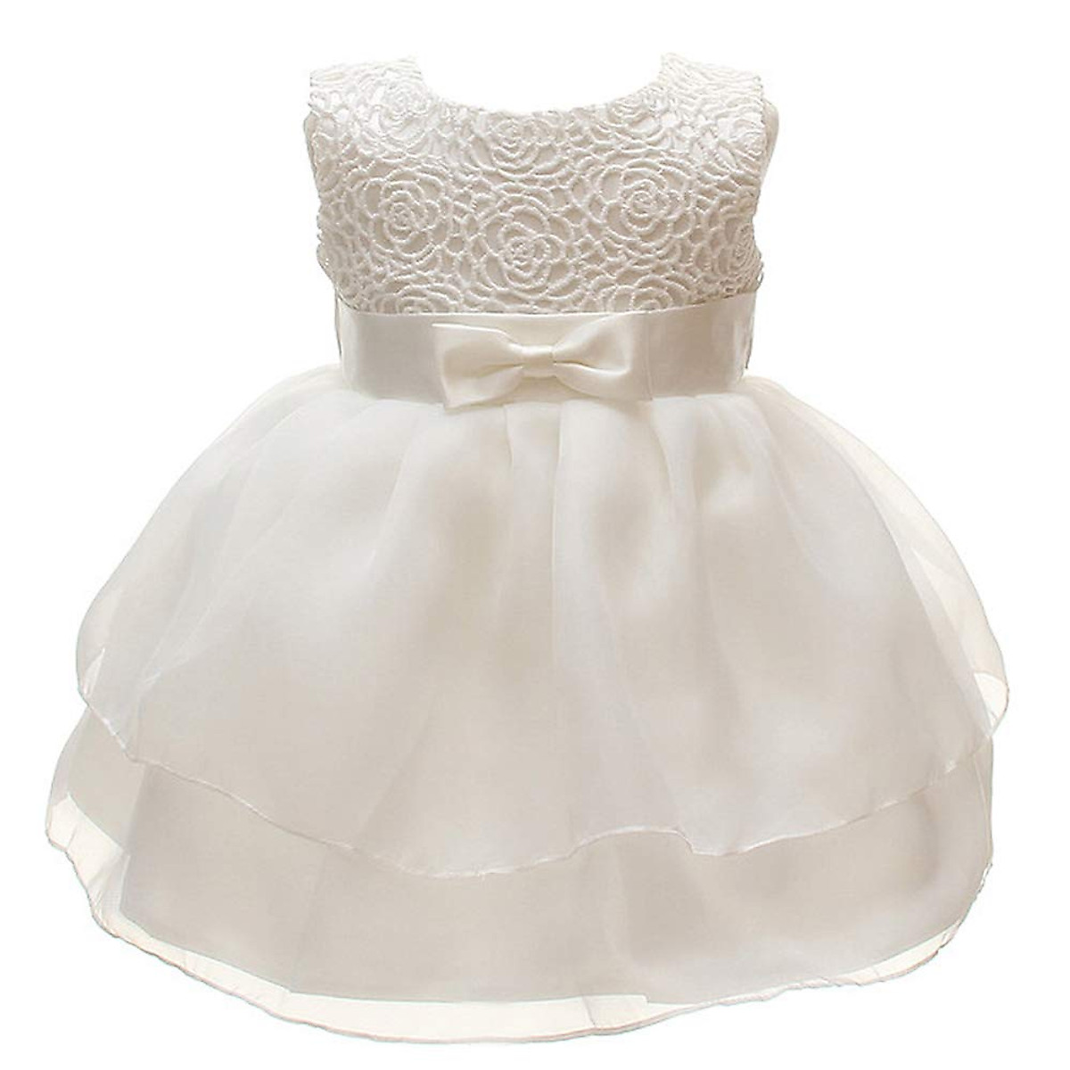 Meiqiduo Baby Girls Dresses Christening Wedding Pageant Bow Formal Dress Ivory White (6M/6-12months)