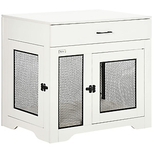 PawHut Dog Crate Furniture with Soft Water-Resistant Cushion, Dog Kennel End Table with Drawer, Puppy Crate for Small Dogs Indoor with 2 Doors, White