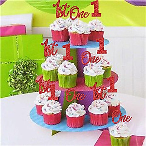 24 PCS One Cupcake Toppers Glitter 1st Birthday Cupcake Picks Number 1 First Birthday One Cake Decorations for Baby Shower Kids 1st Birthday Anniversary Party Supplies Red